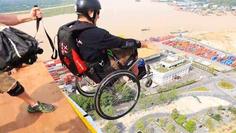 World's First Wheelchair BASE Jump Off Building - Sibu, Malaysia | TEEM